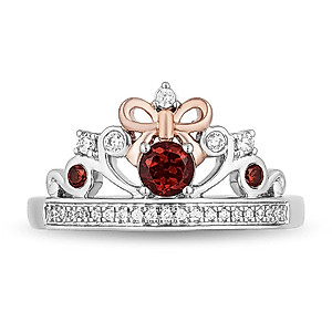Jewelili Enchanted Disney Fine Jewelry 14K Rose Gold Over Sterling Silver 1/10 Cttw Diamond and Red Garnet Snow White Tiara Ring, Size 9