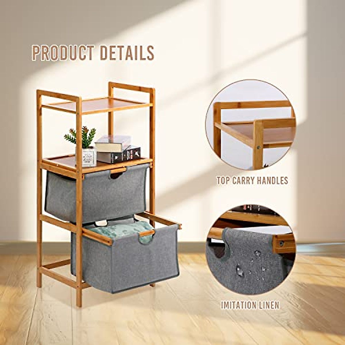 BIGTREE 4 Tiered Fabric Dresser Storage Tower with 2 Linen-Like Design Drawer, Made of Natural Bamboo and Imitation Linen Organizer Unit for Living Rooms, bedrooms, hallways, entrances, Closets, etc