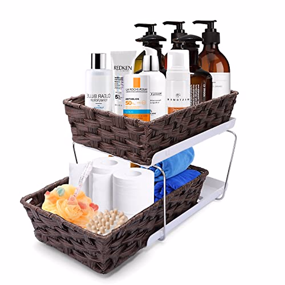 TCJJ 2-Tier Brown Storage Baskets for Organizing, Under Bathroom/Kitchen Sink Organizers and Storage, 2 Woven Sliding Baskets for Bathroom Kitchen Pantry Medicine Cabinet Counter
