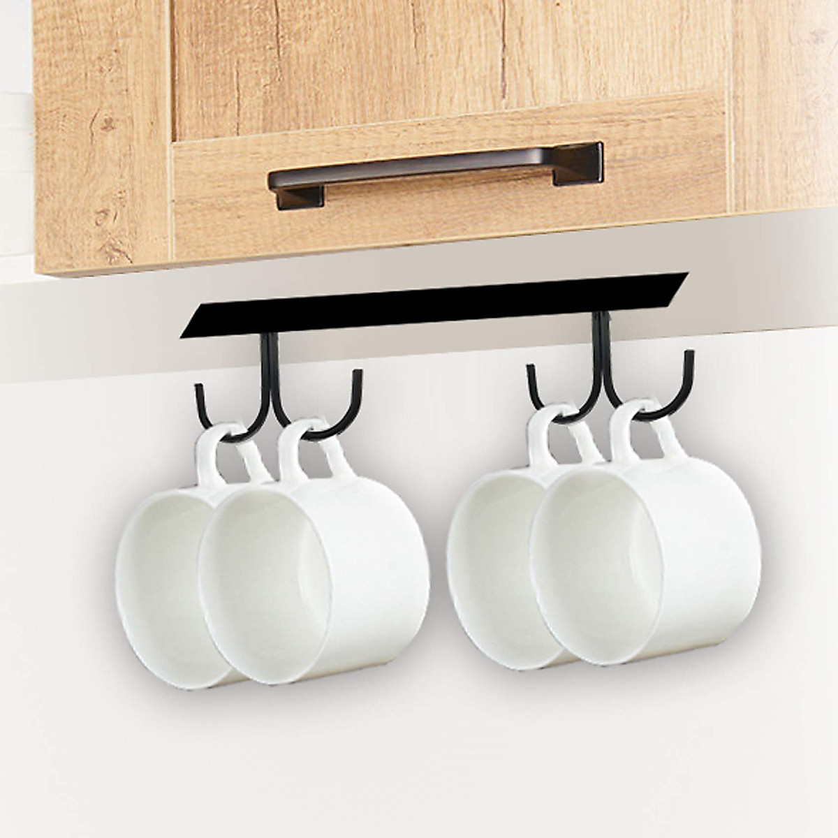 RONYOUNG 4 Sets Mug Holder Rack Under Cabinet Shelf , Mug Rack 16 Hanging Hooks for Mugs, Coffee Cups and Kitchen Utensils Display (4 Set, Black)