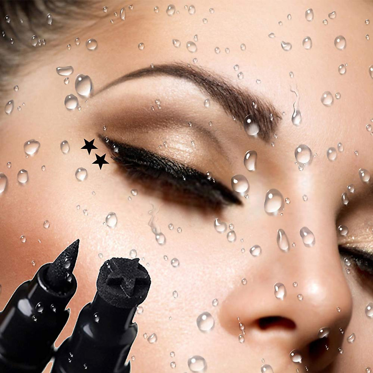 Pinkiou 2 in 1 Double-headed Liquid Eyeliner Pen Stamp Super Slim Gel Felt Tip High Pigment Black Waterproof Smudgeproof Long Lasting Tattoo Makeup Tool(Star)