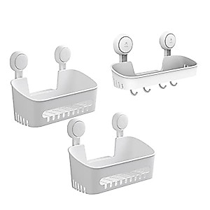 TAILI Suction Shower Caddy 2 Pack & Shower Cadyy with 4 Hooks, Bathroom Shower Basket Wall Mounted Shower Organizer Shelf for Shampoo, Body Wash, Conditioner, Shower Accessories, Drill-Free Removable