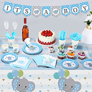 171 Pcs Elephant Theme Baby Shower Decorations for Boys It's a Boy Banners Blue Plate Napkins Cups Disposable Forks Tableware Tablecloth Elephant Decorations Set for Girl Birthday Party, Serves 24