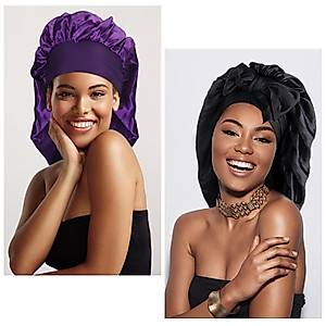 Arqumi 2 Pcs Satin Silk Bonnet for Sleeping Women, Large Long Strap Tie Band Adjustable Sleep Night Cap Hair Bonnet Wrap for Men, Black+Purple