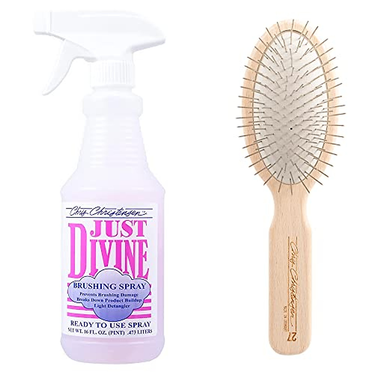 Chris Christensen Grooming Bundle - Just Divine Ready to Use Brushing Spray for Dogs, Prevents Brushing Damage, Light Detangler - 27 mm Original Series Oval Pin Brush, Stainless Steel Pins, Beech Wood