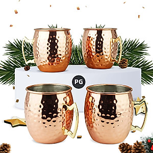 PG Moscow Mule Mugs | Large Size 19 ounces | Set of 4 Hammered Cups | Stainless Steel Lining | Pure Copper Plating | Gold Brass Handles | 3.7 inches Diameter x 4 inches Tall