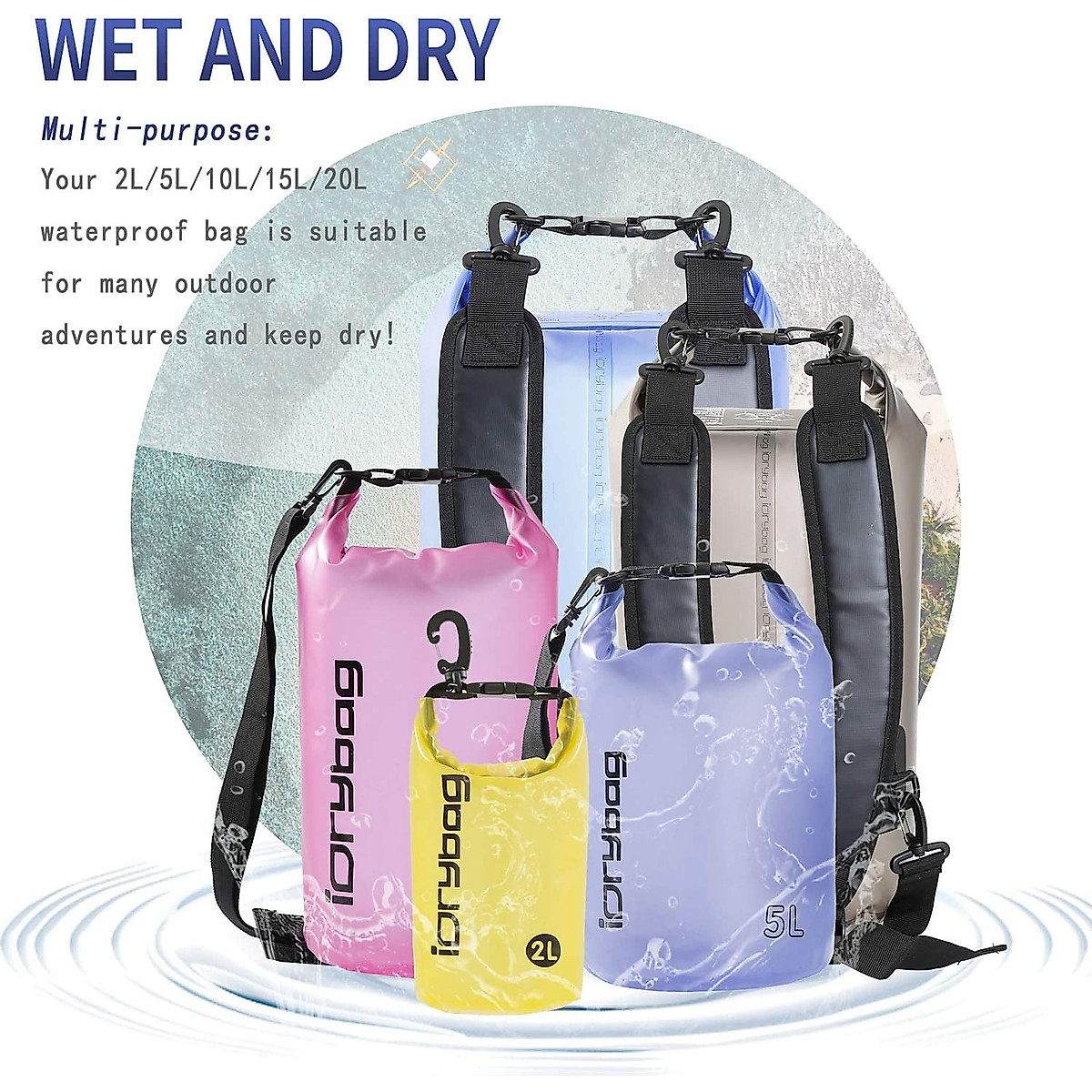 IDRYBAG Clear Dry Bag Waterproof Floating 2L/5L/10L/15L/20L, Lightweight Dry Sack Water Sports, Marine Waterproof Bag Roll Top for Kayaking, Boating, Canoeing, Swimming, Hiking, Camping, Rafting