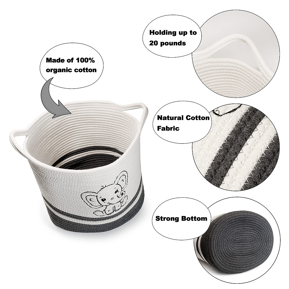 Rope Basket with Baby Elephant, Toy Storage, Nursery Storage, Blanket Storage, 14”x11”x12, White, Grey