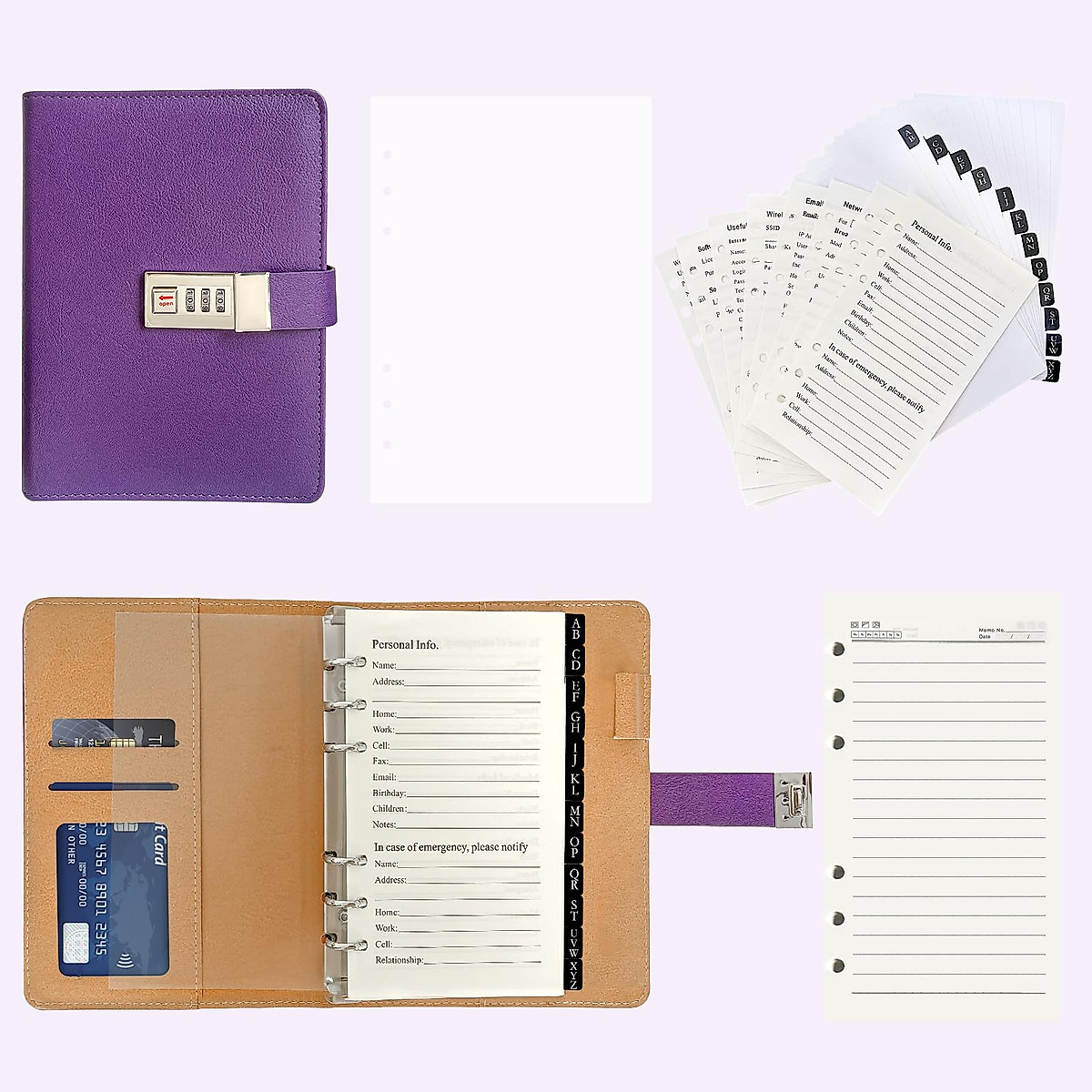 Refillable Password Book with Alphabetical Tabs & Lock, 7.5x5.5in, Hardcover Password Keeper Book of Internet Website, Password Notebook & Organizer for Home Office, w/Pockets, Purple