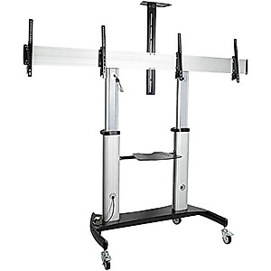 StarTech.com Dual TV Cart for 37-60in VESA TVs up to 110lb/50kg Each - Height Adjustable TV Mount, Mobile Display Cart w/Equipment Shelves - Rolling TV Cart on Wheels - Rolling TV Stand (STNDMTVDUO)