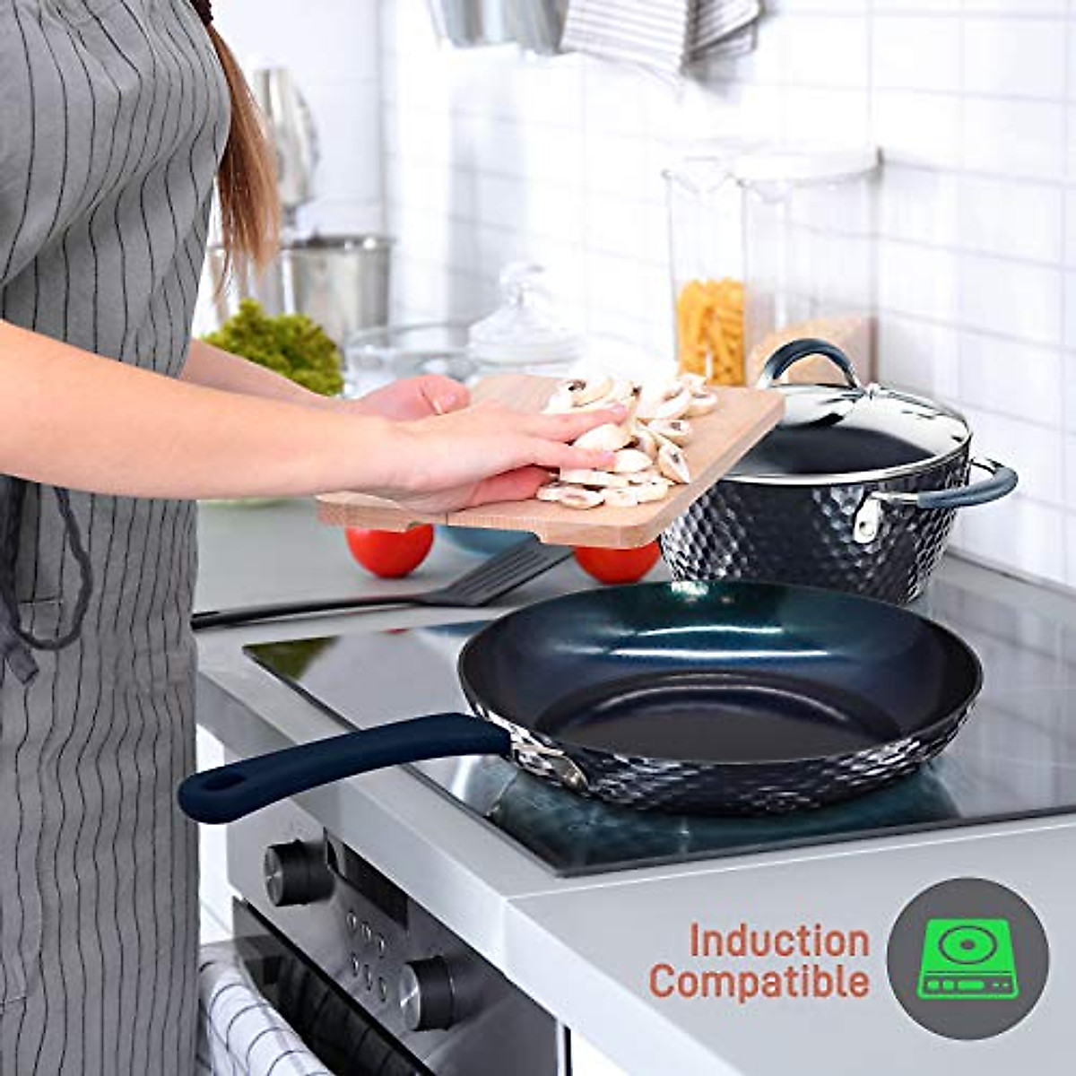 Nutrichef 11 Piece Nonstick Ceramic Cookware Excilon Home Kitchen Ware Pots & Pan Set with Saucepan Frying Pans, Cooking Pots, Lids, Utensil PTFE/PFOA/PFOS Free, Blue Diamond Pcs