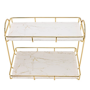 VINGVO 2 Tier Cosmetic Storage Shelf, Iron Metal Makeup Organizer Countertop Rack Gold Perfume Display Organizer Waterproof Dresser Storage Shelf Rack Marble Tray for Bathroom Bedroom