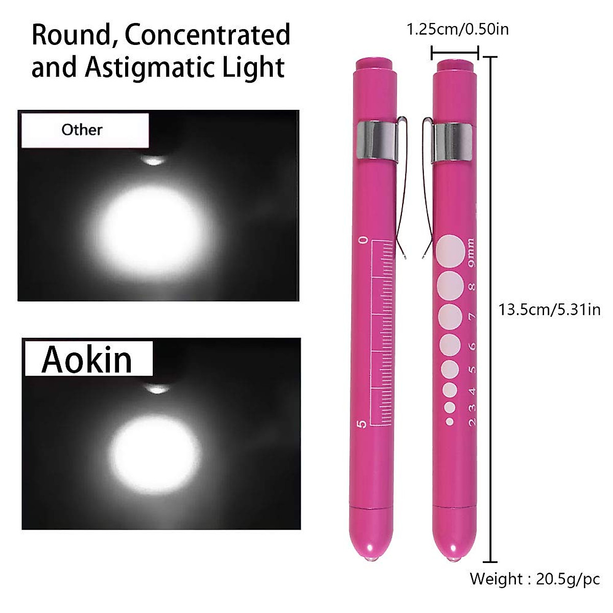 Aokin Pen Light with Pupil Gauge, Reusable LED Penlight Medical for Doctor Nurse Diagnostic etc, White Light, 2 Pcs Rose