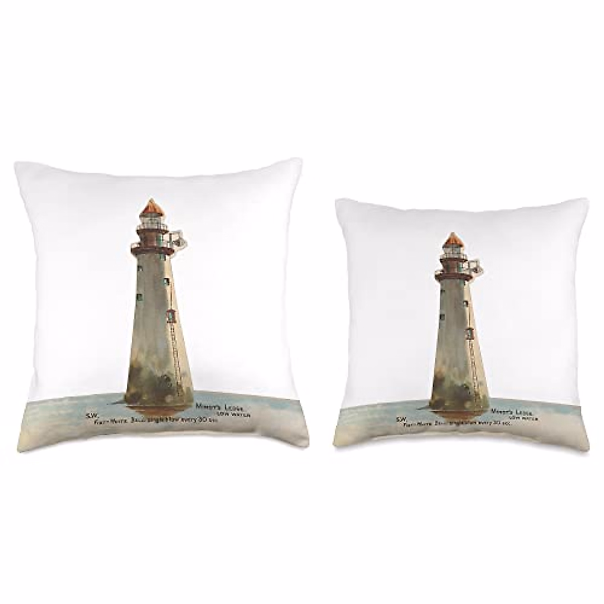 Cohasset and Scituate MA Lighthouse Old Minots Ledge Light Illustration (1889) Throw Pillow, 16x16, Multicolor