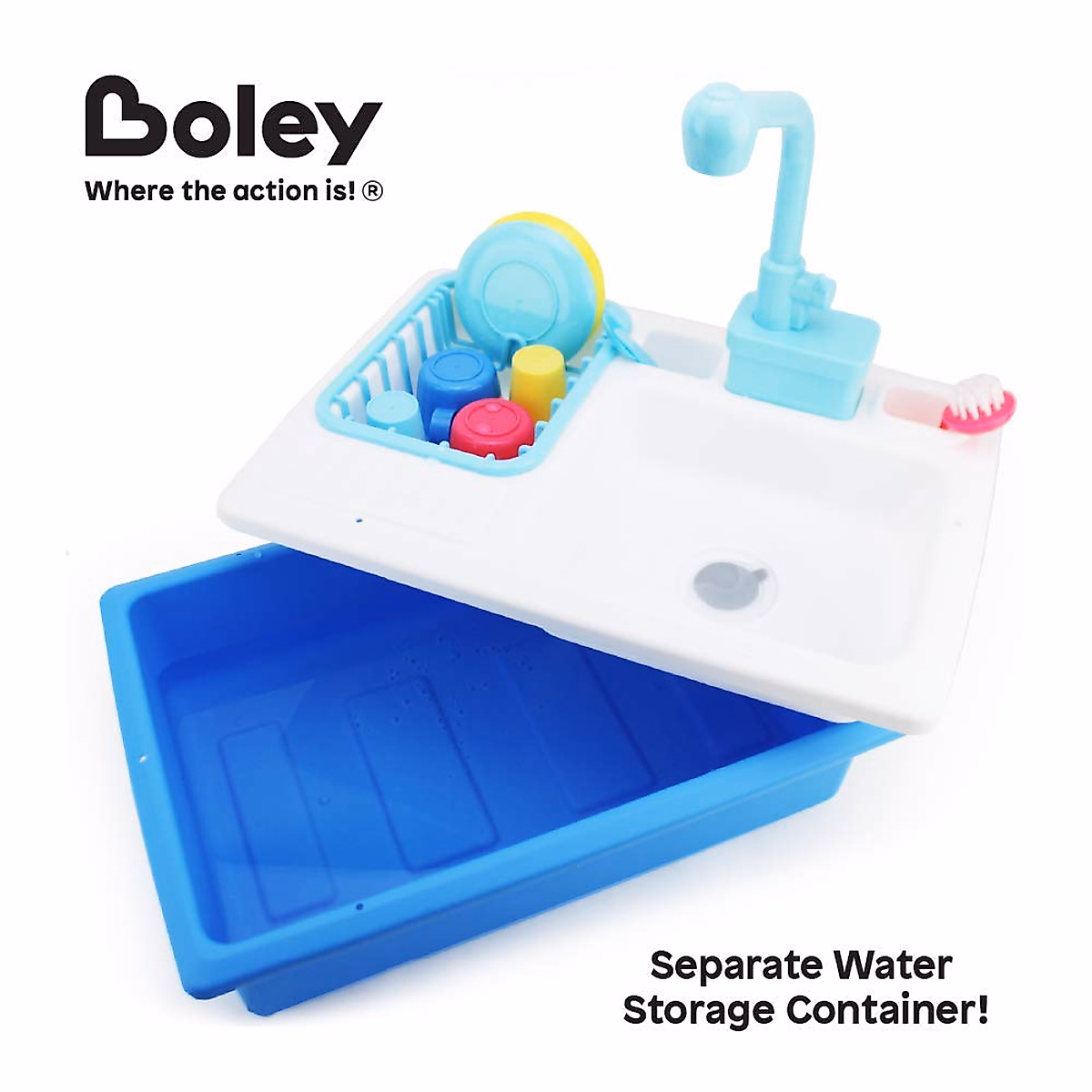 Boley Kids Play Kitchen Sink with Running Water - 20 Piece Dishwashing Toy with Sink, Real Faucet, Dish Rack, Plastic Dishes, Sponge and Brush, and Pretend Dish Soap