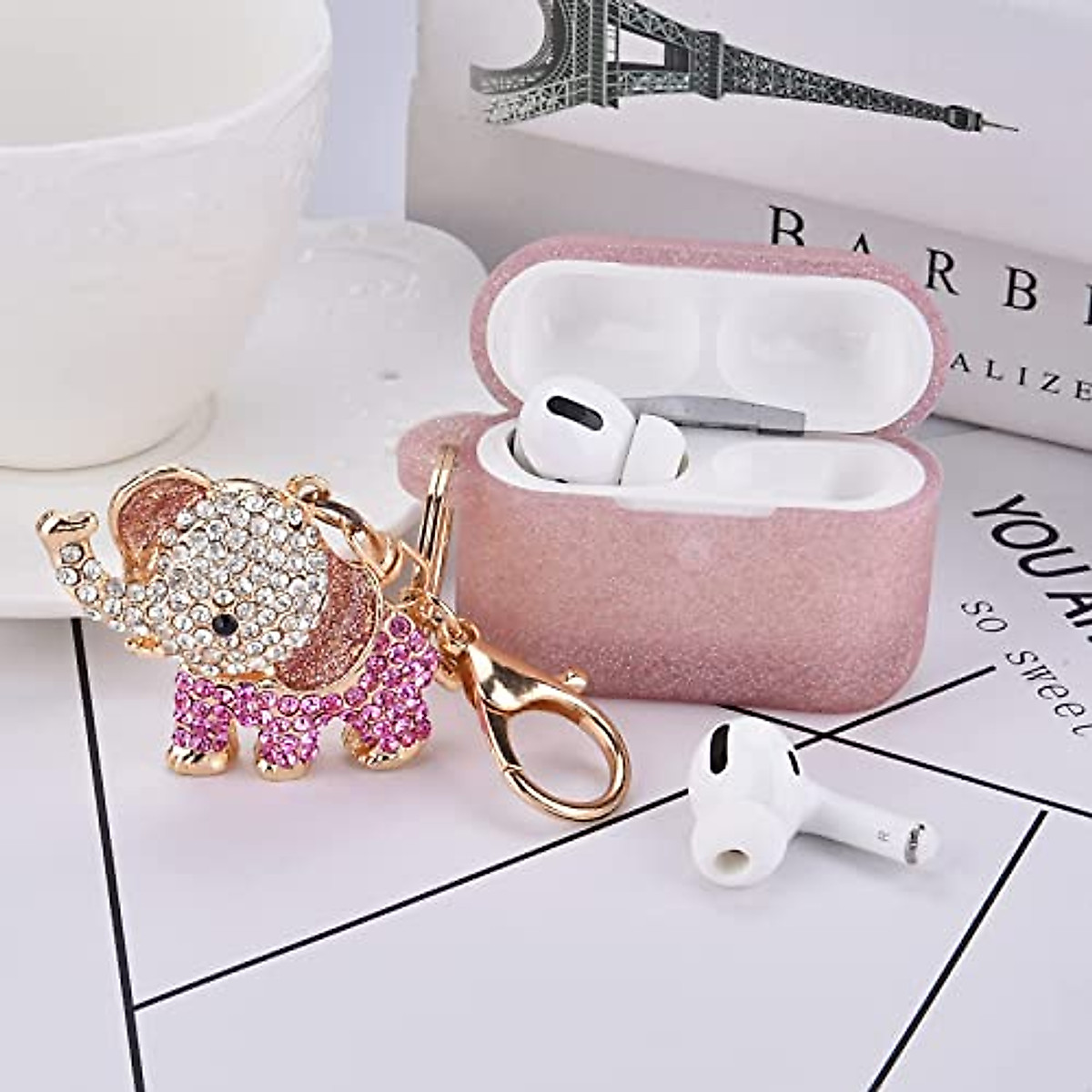 TOROTOP Compatible with Airpods Pro Case, Soft 4 in 1 Silicone Protective Case for Apple Airpods Pro with Bling Elephant Keychain/Storage Box, Charging Case for Airpods Pro Case 2019 Rose Gold