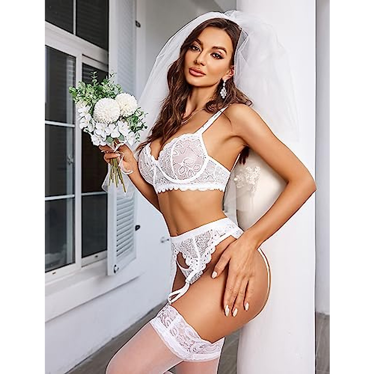 Avidlove Lace Garter Lingerie Set with Underwire Push Up Lingerie Set (No Stockings) (White, S)