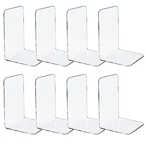 Jekkis 8pcs Clear Bookends Acrylic Book Ends for Shelves Heavy Duty Bookends Plastic Bookends for Home Office Library , Book Stopper, Desktop Organizer, 7.3” x 4.8” x 4.8”