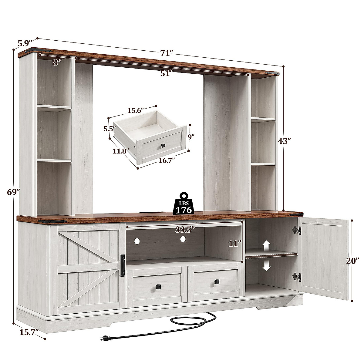 EnHomee Wood TV Stand,Wall Unit Entertainment Center with Ample Storage Space and Adjustable Shelves, TV Stands for Living Room Up to 65'', TV Console with 2 LED Lights & Power Outlets, White