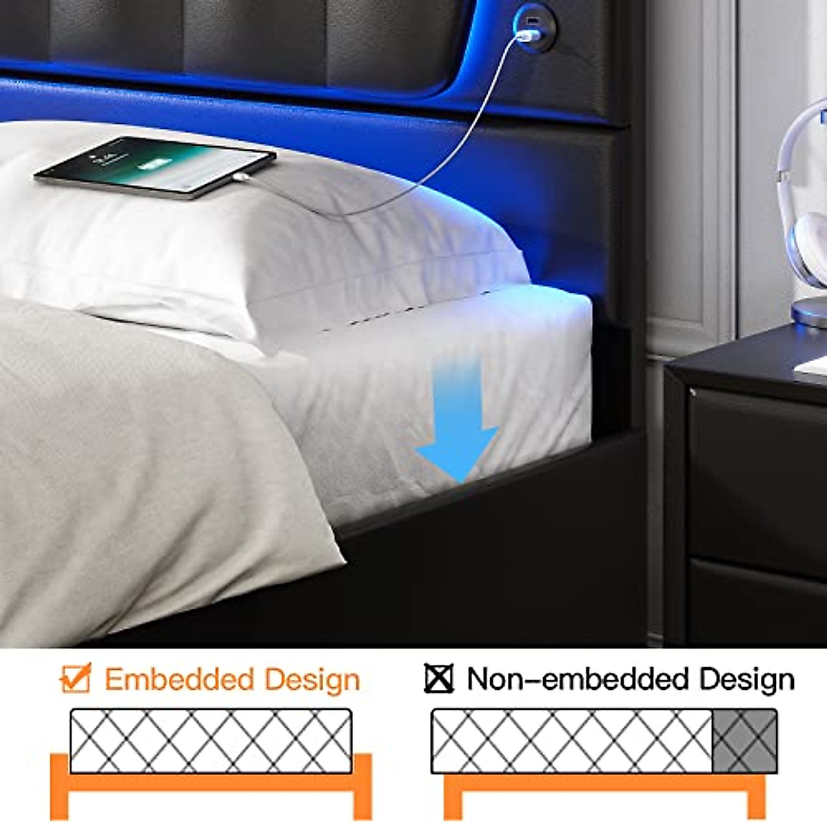 FORABAMB Full Size Bed Frame with LED Lights and USB Ports, Upholstered Platform Bed Frame with Adjustable Headboard and 4 Storage Drawers, No Box Spring Needed,Noise Free, Black