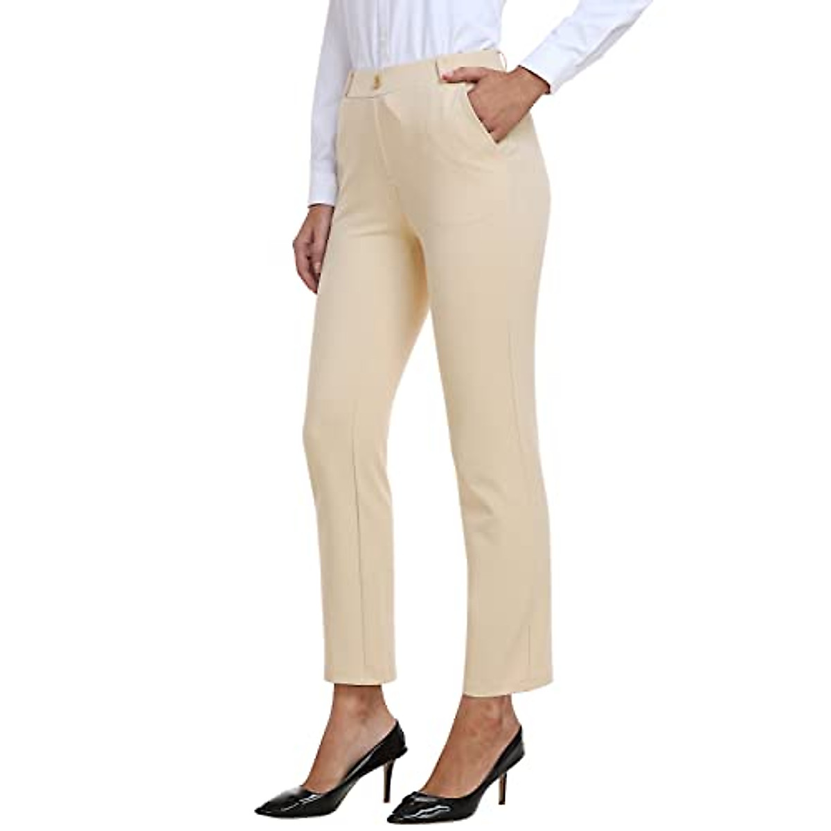 MoFiz Straight Leg Business Casual Dress Pants for Women Stretchy Office Work Teacher Petite Pants High Waisted Golf Slacks Pull On Trousers Khaki L