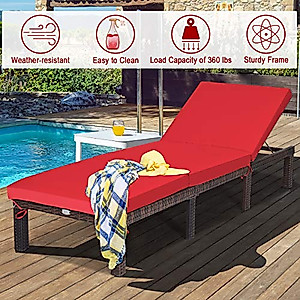 Nightcore Rattan Lounge Chair, Outdoor Wicker Lounge Chair Cushion with Thick Zipper Pad, Patio Recliner Chair with Adjustable Backrest, Chaise Lounge Recliner for Garden Patio Yard, Red (1)