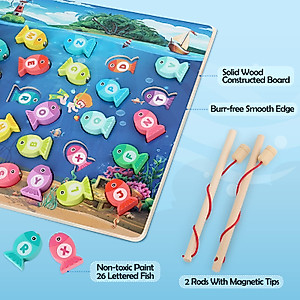 Torlam Magnetic Wooden Fishing Game Toy for Toddlers, Fine Motor Skill Toy ABC Alphabet Learning for Toddlers, Montessori Letters Cognition Preschool for Years Old Kid Early Learning with 2 Pole