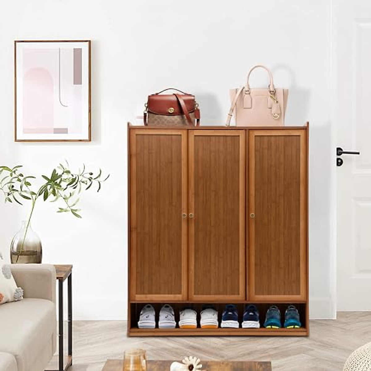 HaroldDol Bamboo Shoe Storage Cabinet with 3 Doors, Shoe Floor Storage Organizer Rack for 30 Pairs Entryway Hallway, 35.4 * 12.6 * 42.1in