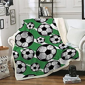 WONGS BEDDING Soccer Throw Blankets Green Fleece Flannel Football Blanket Gifts for Kids Boys Girls Fuzzy Warm Soft Throw Blanket for Couch Sofa Bed Office (Green, 50"X60")