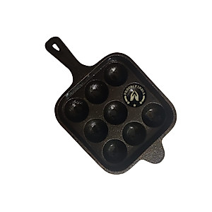 Cast Iron Paniyaram | Paddu Pan Long Handle Induction Compatible - SQUARE | 9 Pits | Flat Bottom with Ring and Handle | with FREE Turner Rod