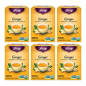 Yogi Tea - Ginger Tea (6 Pack) - Supports Healthy Digestion - Soothing and Spicy Blend - Caffeine Free - 96 Organic Herbal Tea Bags