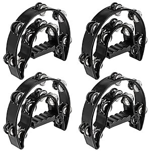 SINJEUN 4 Pack 10 Inch Black Double Row Tambourine, Half Moon Musical Tambourine, Metal Jingles Hand Held Percussion with Ergonomic Handle for Beginner, KTV, Party