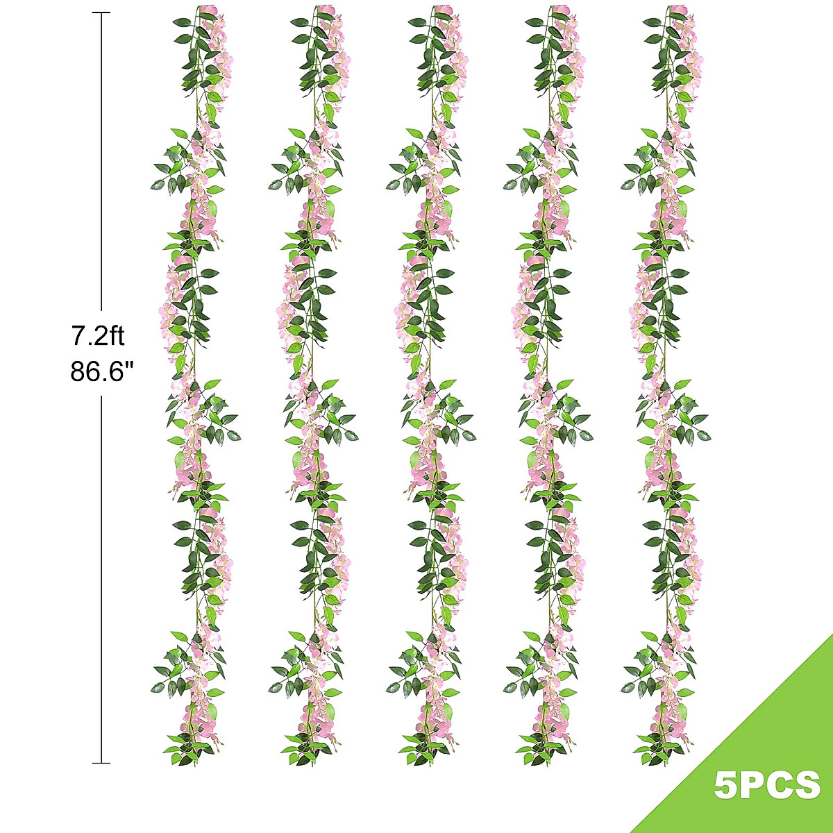 Findosom Wisteria Artificial Flowers Garland, 5Pcs Total 36FT Pink Wisteria Hanging Flowers, Flower Garland Decorations for Home Garden Outdoor Ceremony Wedding Arch Decoration