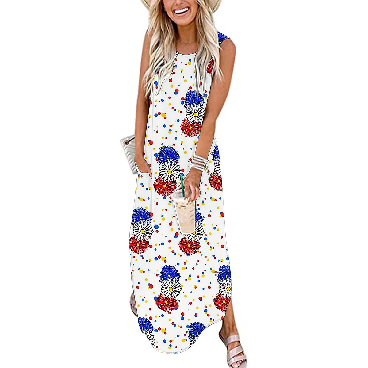 Dresses for Women Plus Size Women Casual Printing Loose Sundress Long Dress Crisscross Sleeveless Split Maxi Dress White