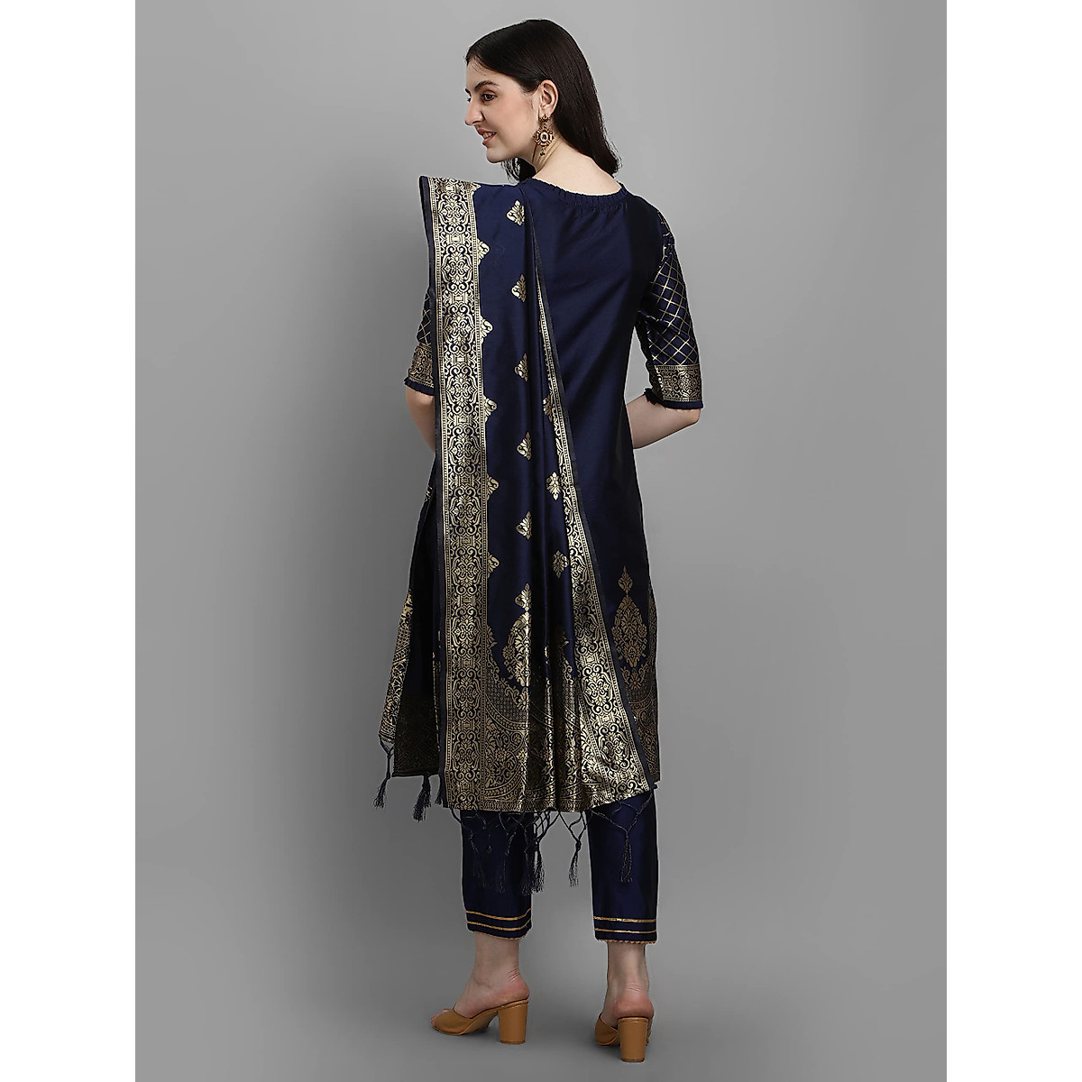 VredeVogel Women's Cotton Silk Jacquard Kurta Pant With Banarasi Silk Dupatta Large Navy Blue