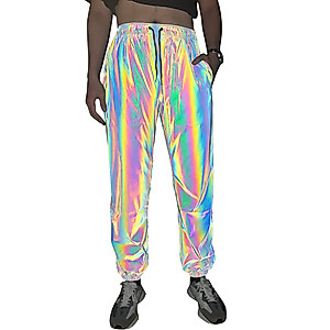 LZLRUN 3M Rainbow Reflective Shorts Pants Men Fluorescent Trousers Casual Night Jogger (M, Pants)