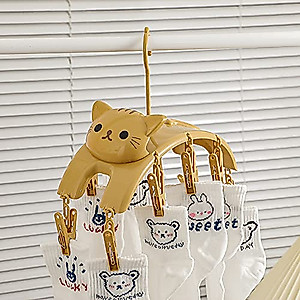 JHTPSLR Kawaii Stretching Cat Drying Rack for Socks Bras Panties Towel Underwear 10 Clips Clothes Hanger Cute Small Indoor Hanging Drying Rack for Kids Baby Nursery Room Decor (Yellow)