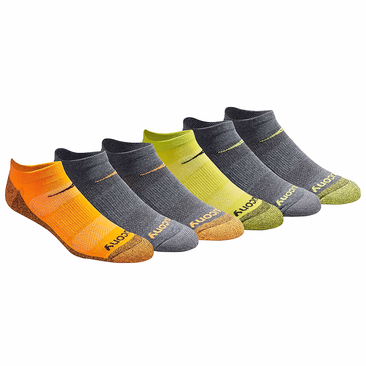 Saucony Men's RunDry Mesh Ventilating Comfort Fit Performance No-Show Socks, Available in M-XXL (6, 12, 18, Yellow Orange Charcoal Assortment (6 Pairs), X-Large