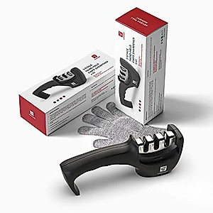 Kitchen Knife Sharpener - 3 Stage Knife Sharpening Tool Sharpens Chef's Knives - Kitchen Accessories Help Repair, Restore and Polish Blades Quickly, Food Safety Cut Resistant Glove Included, Black