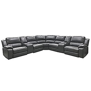 AC Pacific Brady 7 Piece Sectional Power Reclining Sofa | Faux Leather Couch with Storage Consoles, Cup Holders & USB Ports, Grey