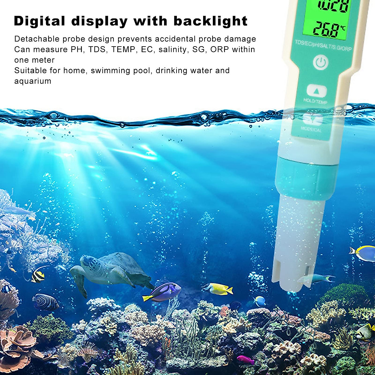 Water Quality Testing Pen, Digital Water Quality Meter Multifunctional Waterproof Backlight Display PH TDS Temperature EC Salinity SG ORP for Aquaculture