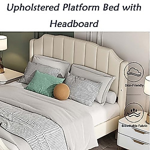 Upholstered Platform Bed, Queen Size Platform Bed Frame with Velvet Headboard & Footboard, Sturdy Wooden Slats Support, No Box Spring Needed for Bedroom Boys Girls Room Home Furniture (Beige)