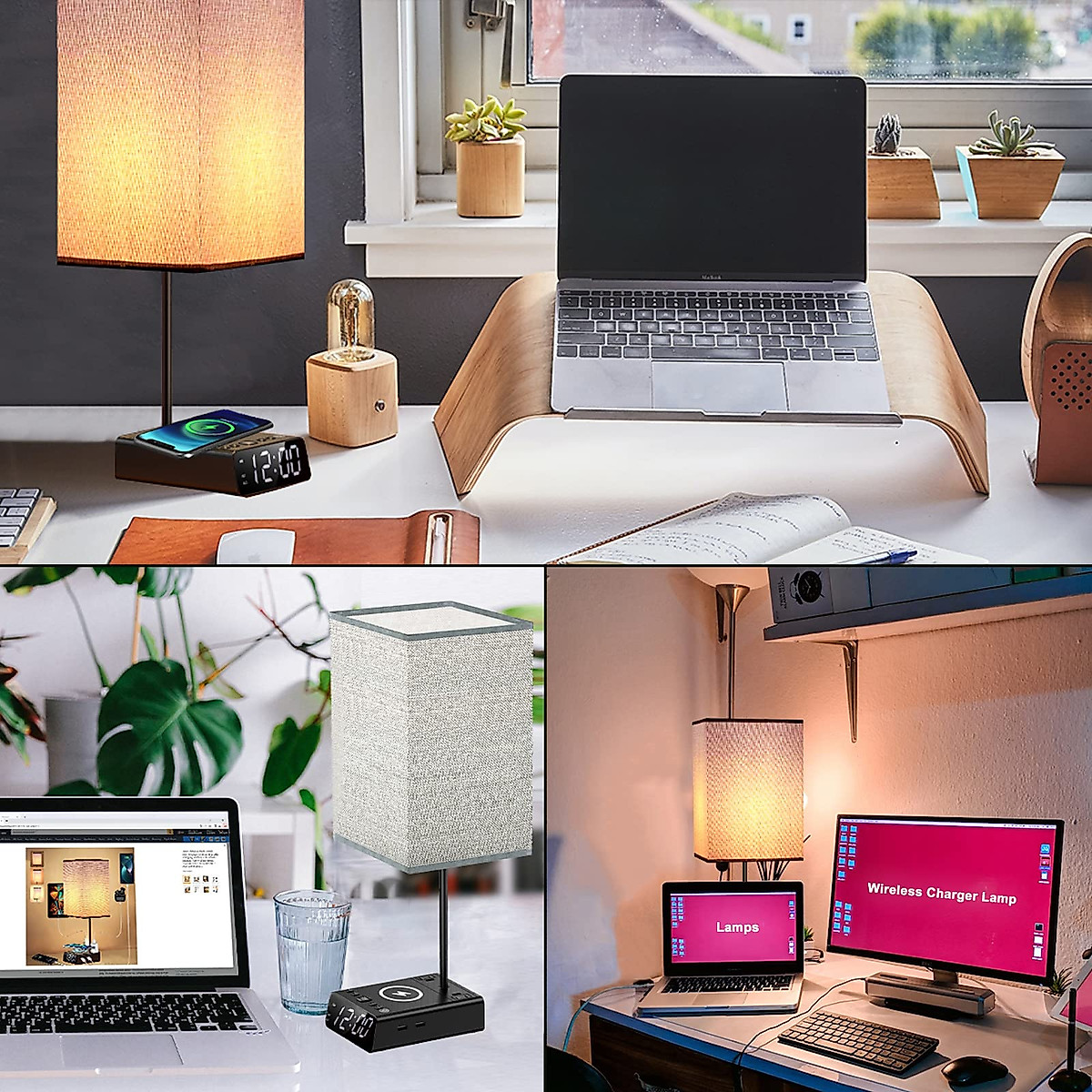 Bedside Lamp with USB Ports & AC Outlets, 15W Wireless Charger Table Lamp with Clock, 3 Way Dimmable Nightstand Lamps for Bedroom Living Room,Touch Lamp with Charging Station,Grey Shade & Black Base