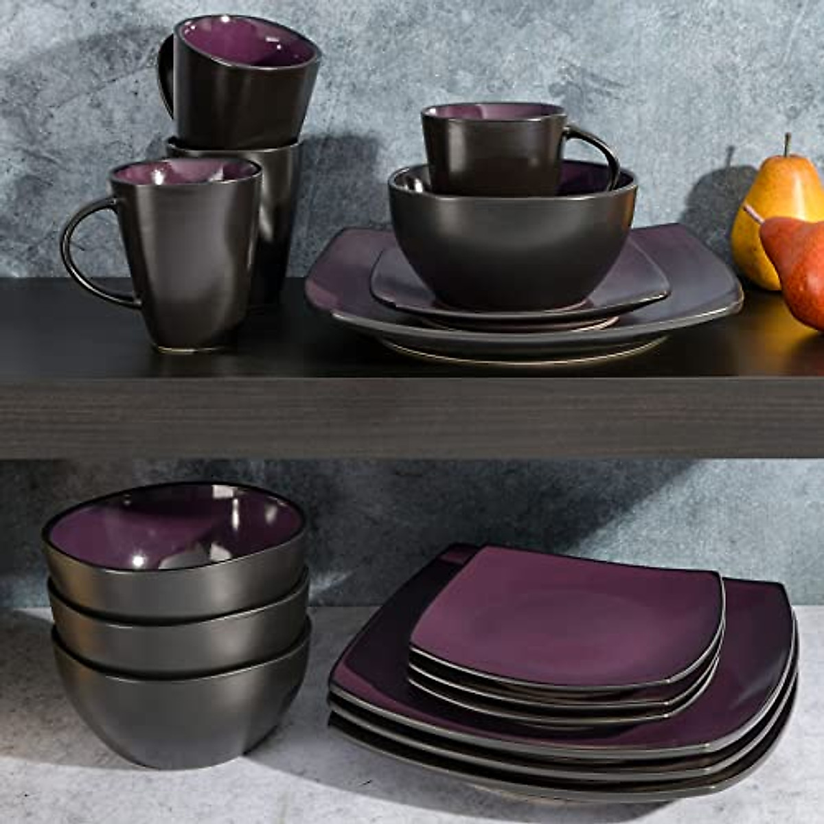 Gibson Soho Lounge Dinnerware set, Square, Purple, Service for 4 (16pcs)