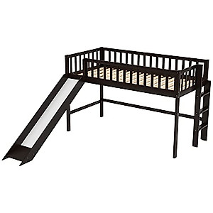 Twin Loft Bed with Slide Rails Frame Wood for Junior Kids Slat Support, No Box Spring Needed
