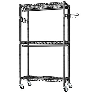 Heavy Duty Clothes Rack Rolling Garment Rack,3 Tier Adjustable Wire Shelving Clothing Racks for Hanging Clothes with Double Rods&Side Hooks,Freestanding Wardrobe Storage Rack Metal Portable Closet
