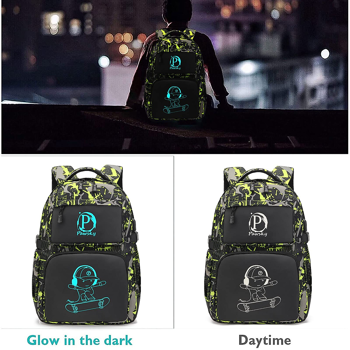 Pawsky Skateboard Anime Luminous Backpack School Backpack with USB Charging Port for Teen Boys, College School Bookbag Lightweight Laptop Bag with Sling Bag Set, Green