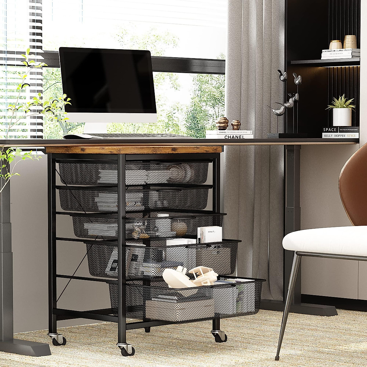 AWQM Rolling File Storage Cabinet,5 Drawers Cart Organizer with Lockable Wheels,Mobile Office Printer Stand,Home Office Utility Cart,Rustic Brown & Black Mesh