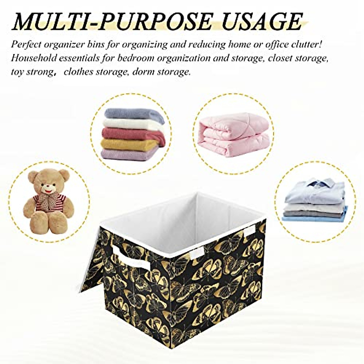 SDMKA Beautiful Gold Butterflies Storage Bins with Lids Foldable Storage Cube Boxes Fabric Storage Organizer Basket for Home, Bedroom, Office, Closet (16.5x12.6x11.8)