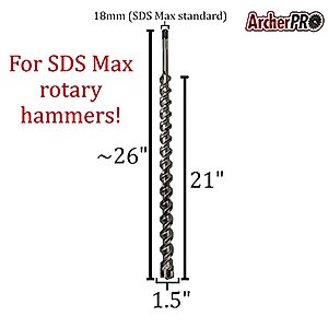 ArcherPRO 1-1/2” x 21" Inch SDS Max Drill Bit for Fast Concrete and Rock Drilling. SDS Max Rotary Hammer Drill bits with Carbide tip for Concrete and Stone. Perfect for use with Dexpan.